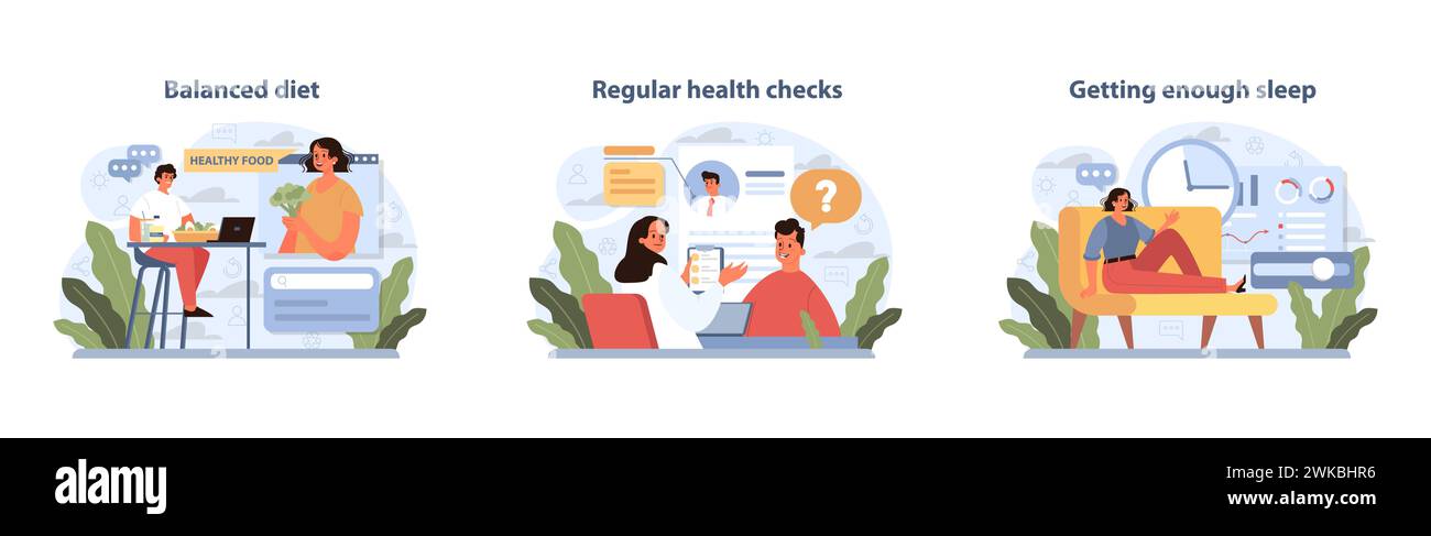 Healthy Life trio set. Visuals on balanced diet, regular health checks ...