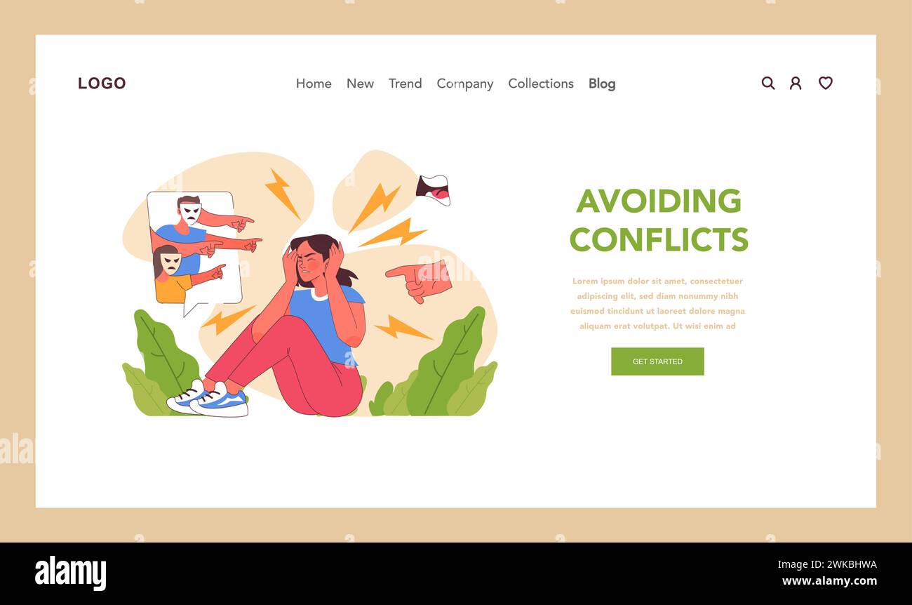 Conflict avoidance web or landing. Overwhelmed girl amidst aggressive ...