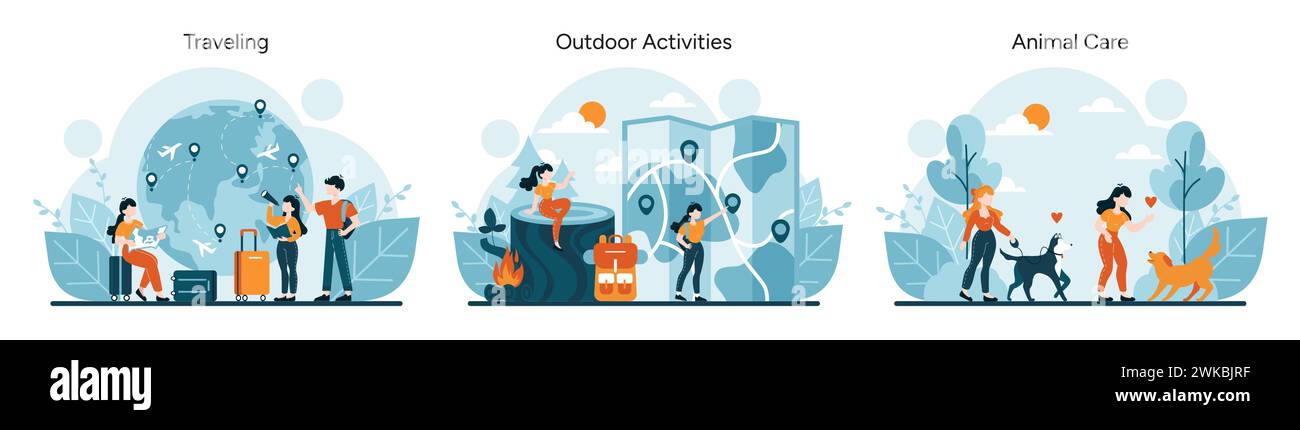 Adventure and Care set. Family exploring new destinations, enjoying ...