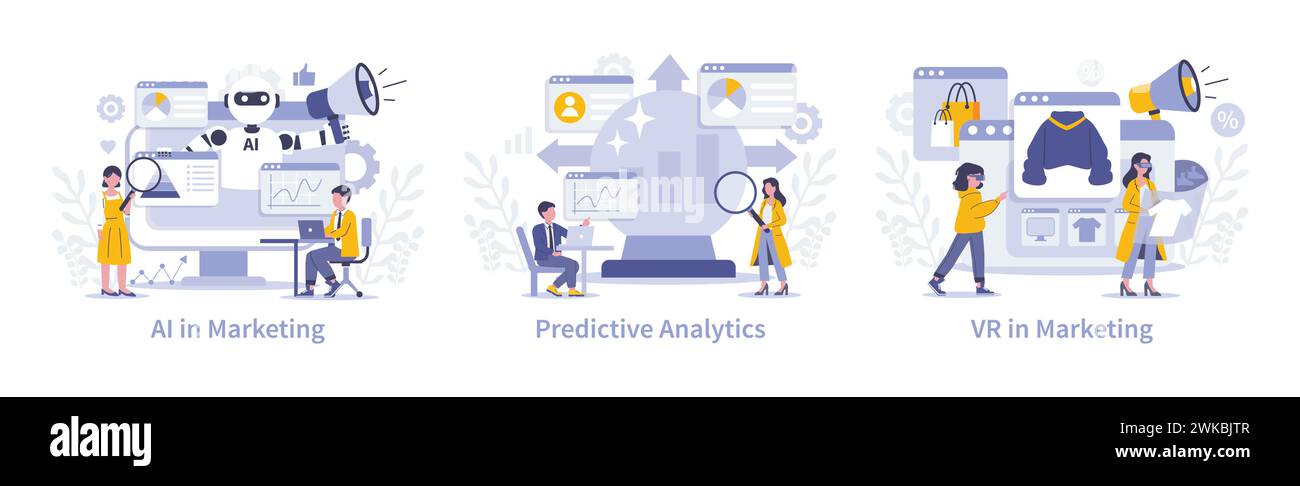 Marketing innovation set. AI integration, predictive analysis, and ...