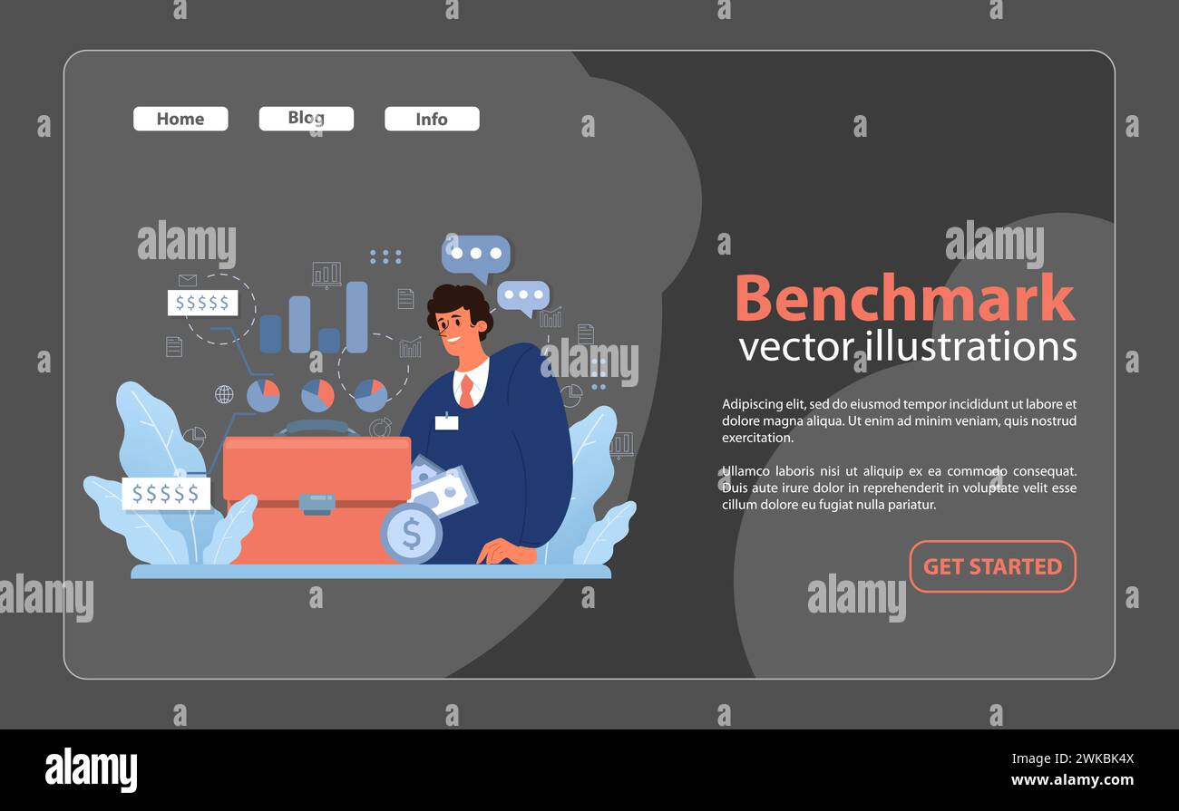 Benchmark concept. Confident businessman analyzes financial growth from ...