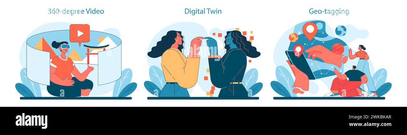 Virtual Tourism set. 360-degree video for immersive experiences ...