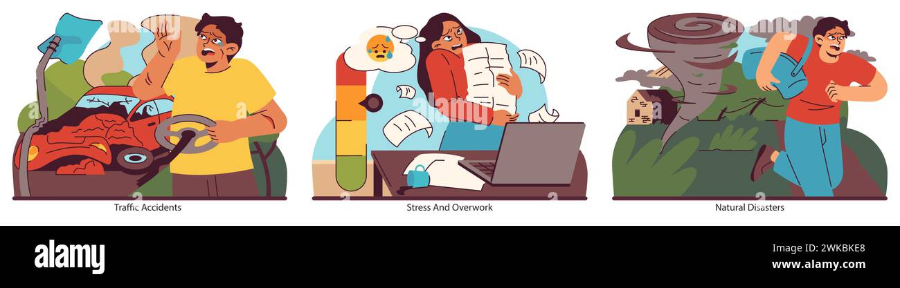 Daily challenges set. Illustrations depict societal issues from ...