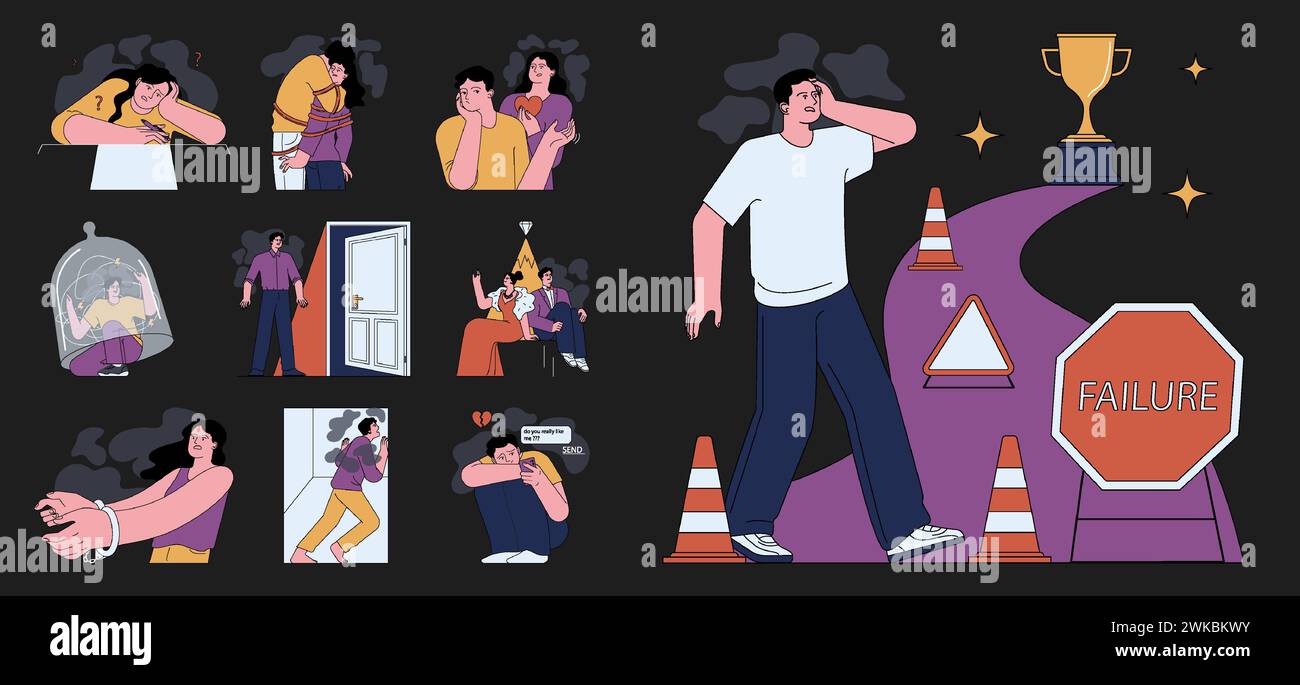 Human fears dark or night set. Scared characters confronting personal ...