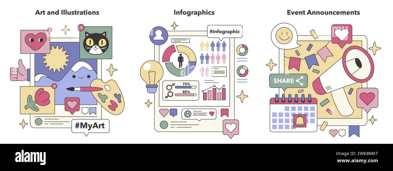 Creative Engagement set. Art sharing, data visualization, and event ...