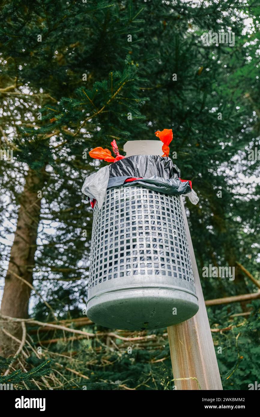 Clean forest concept. Trash in the forest. Metal trash can full of ...