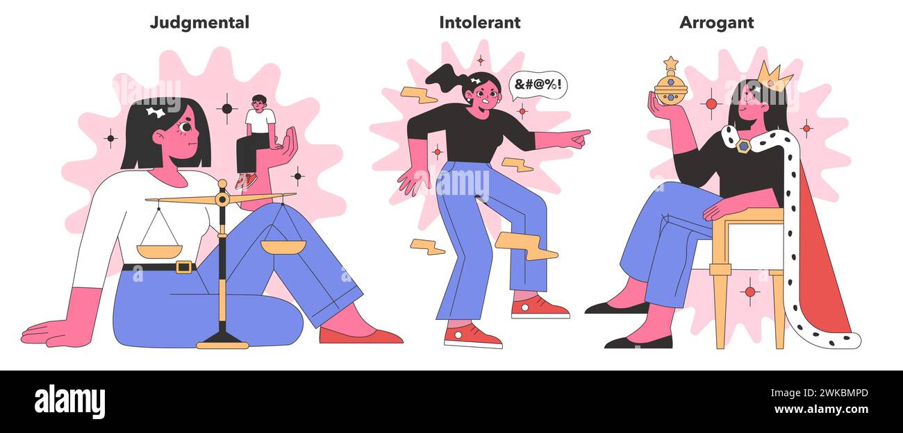 Negative Personality Traits collection. Characters exemplifying judgment, intolerance, and ...