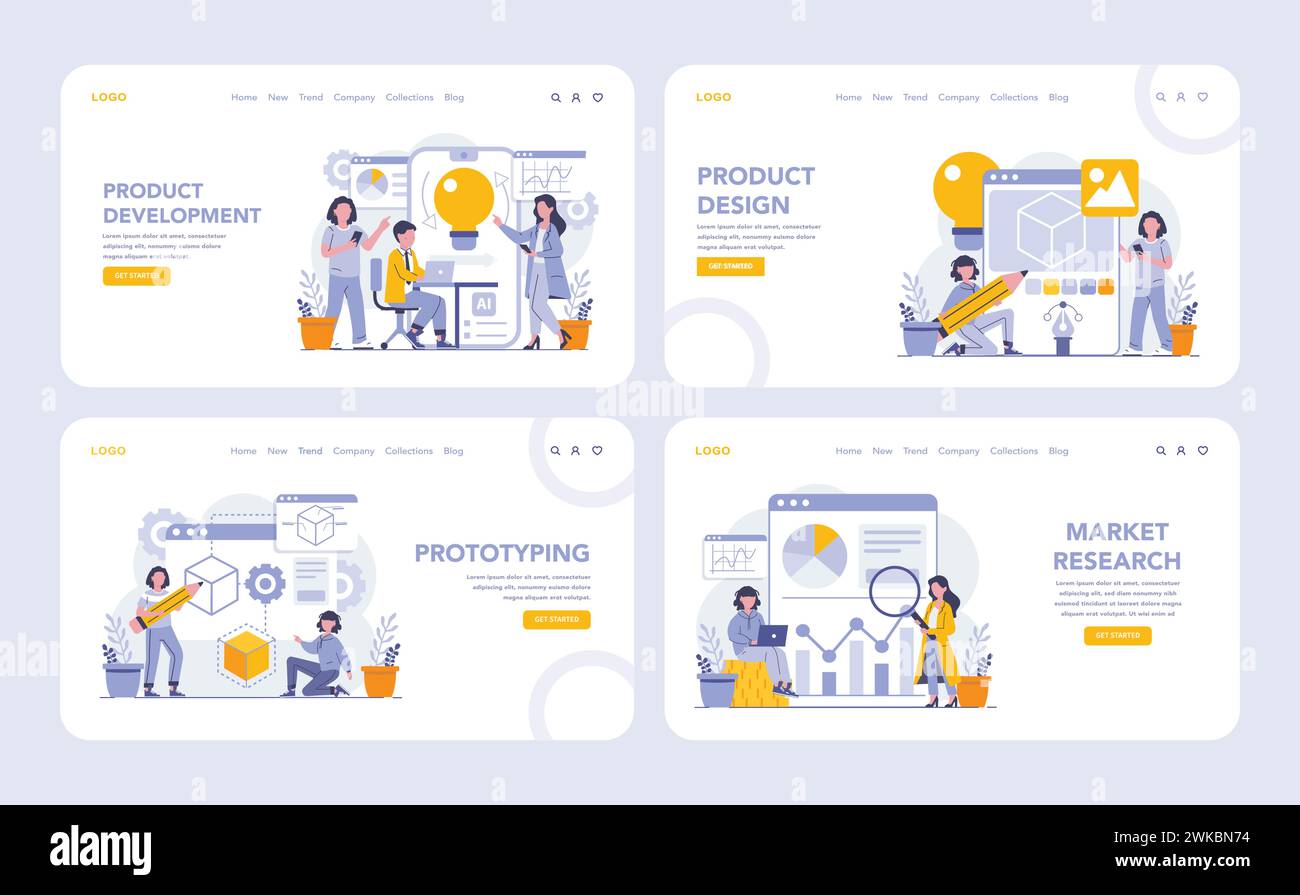 Product development web or landing page set. From concept to launch, a ...