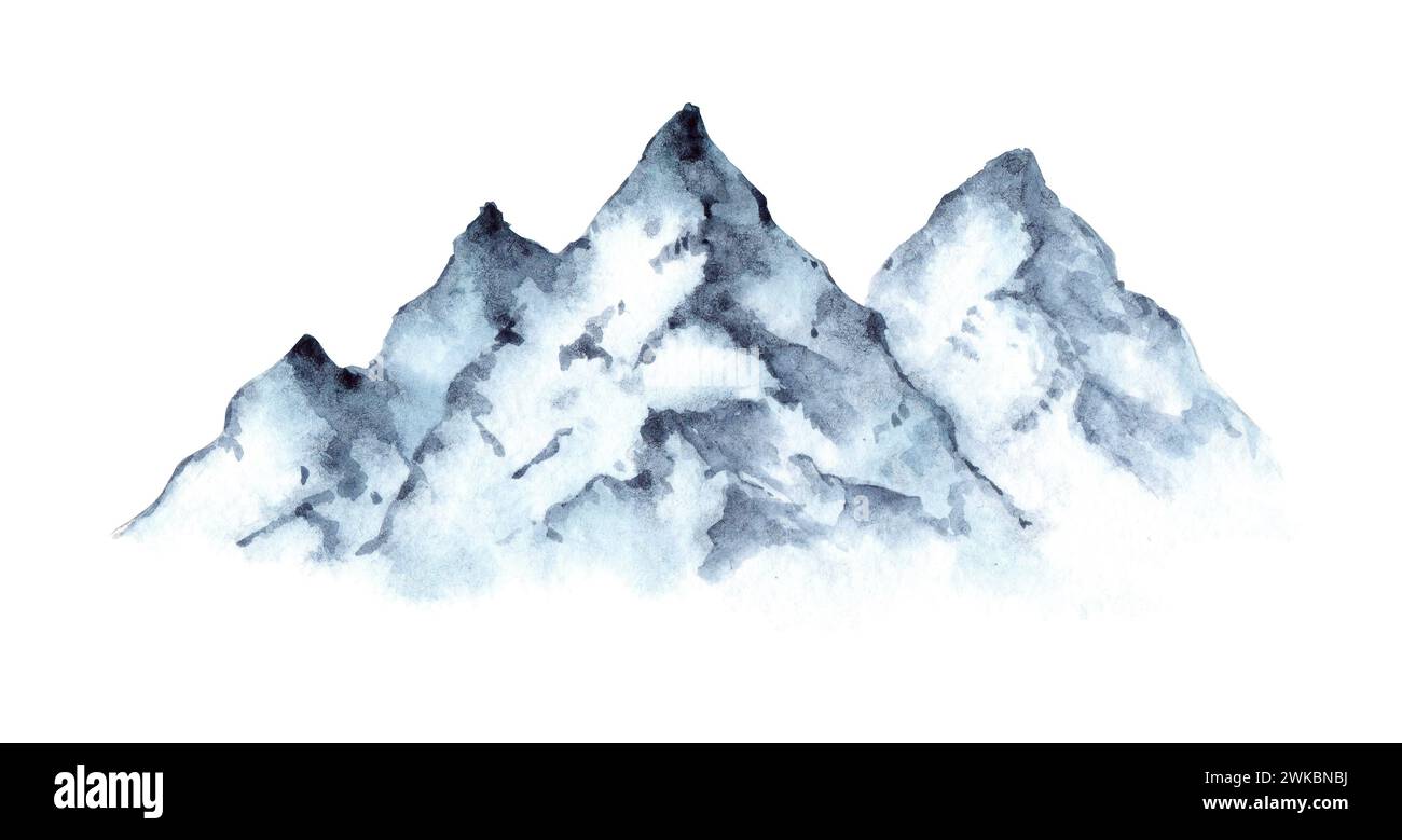 Watercolor illustration of a snowy alpine mountain landscape. Rocky ...