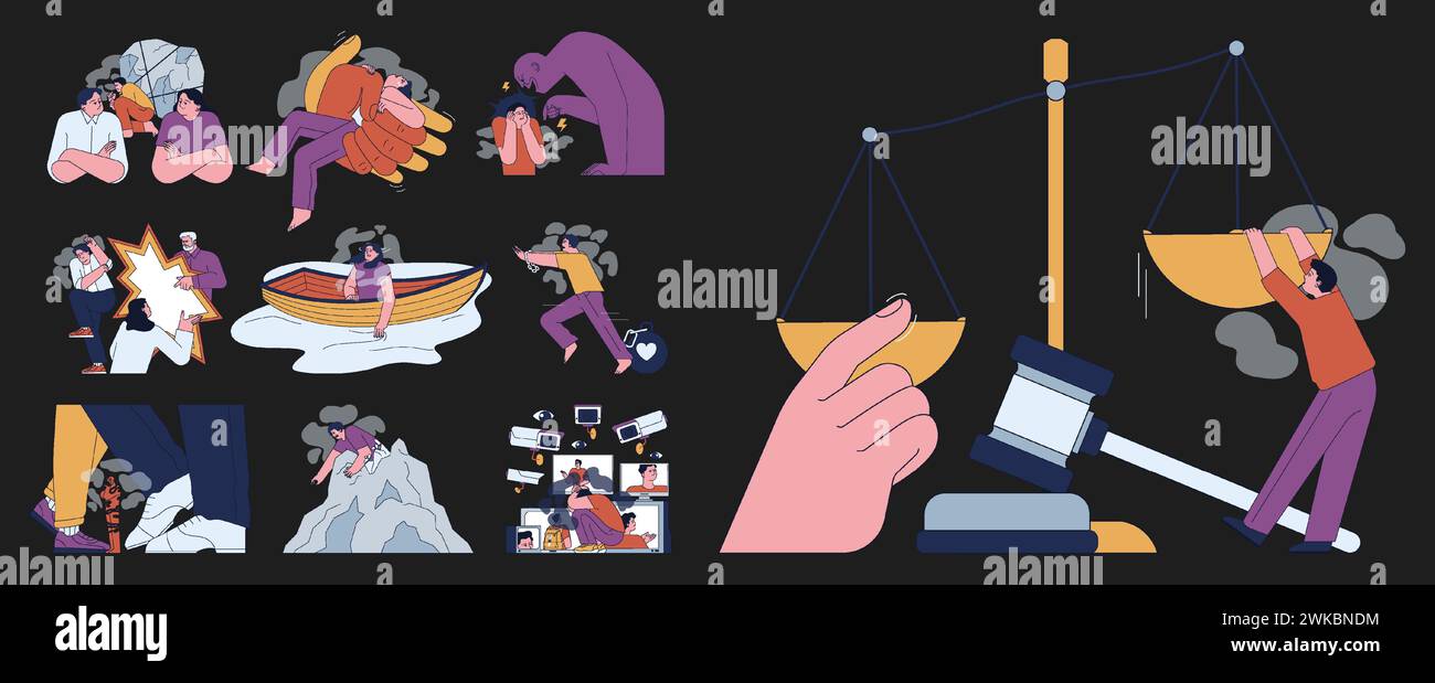 Human fears dark or night mode set. Scared characters confronting ...