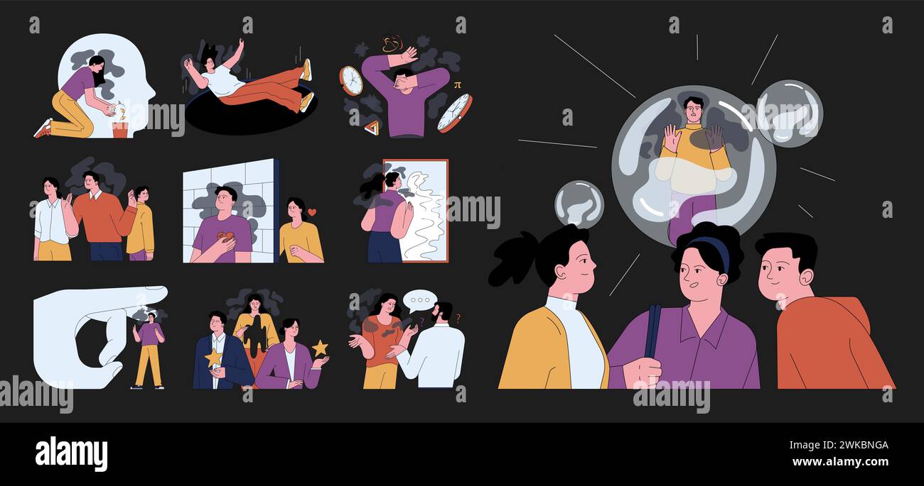 Human fears dark or night mode set. Scared characters confronting ...