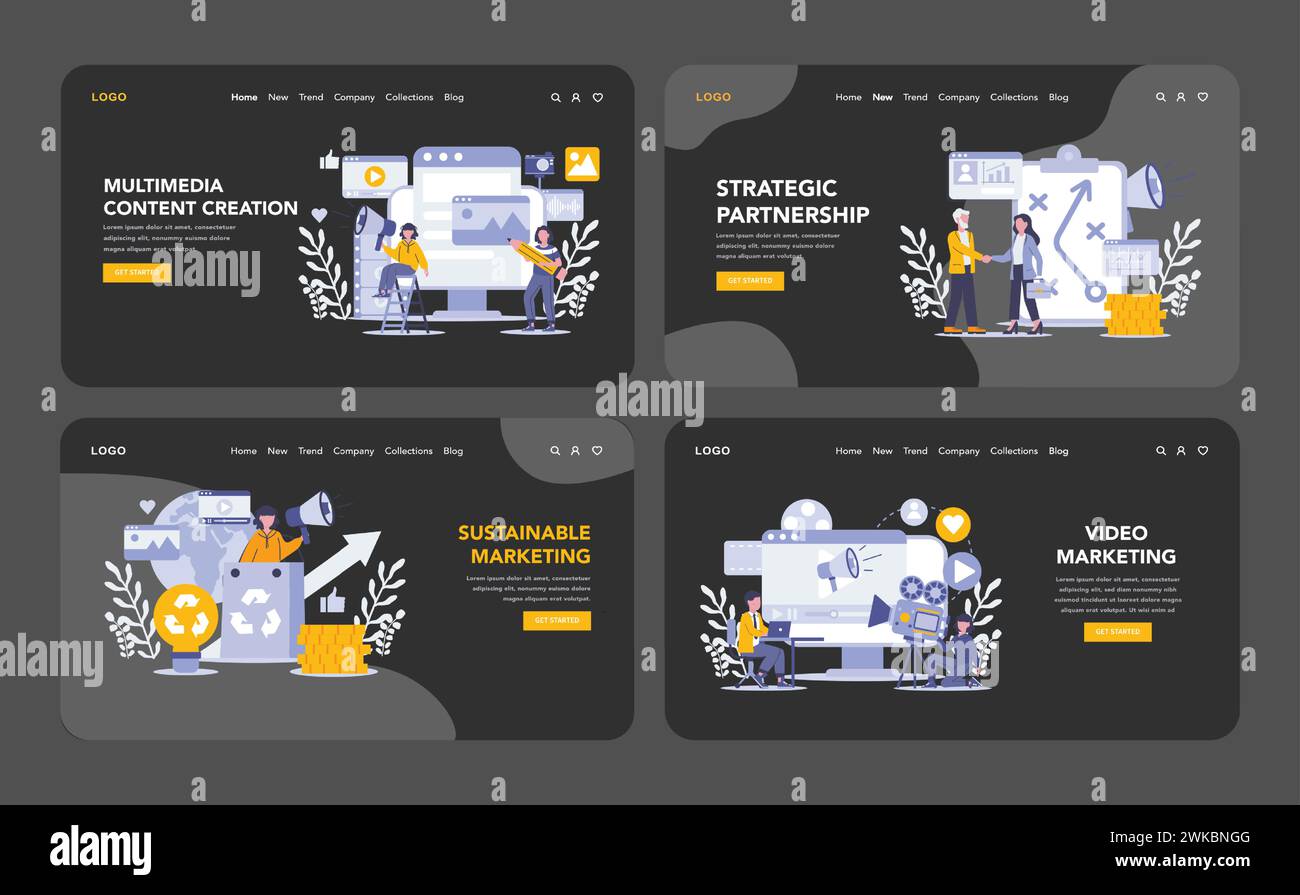 Strategic approaches in marketing night or dark mode web or landing page. Multimedia content ...