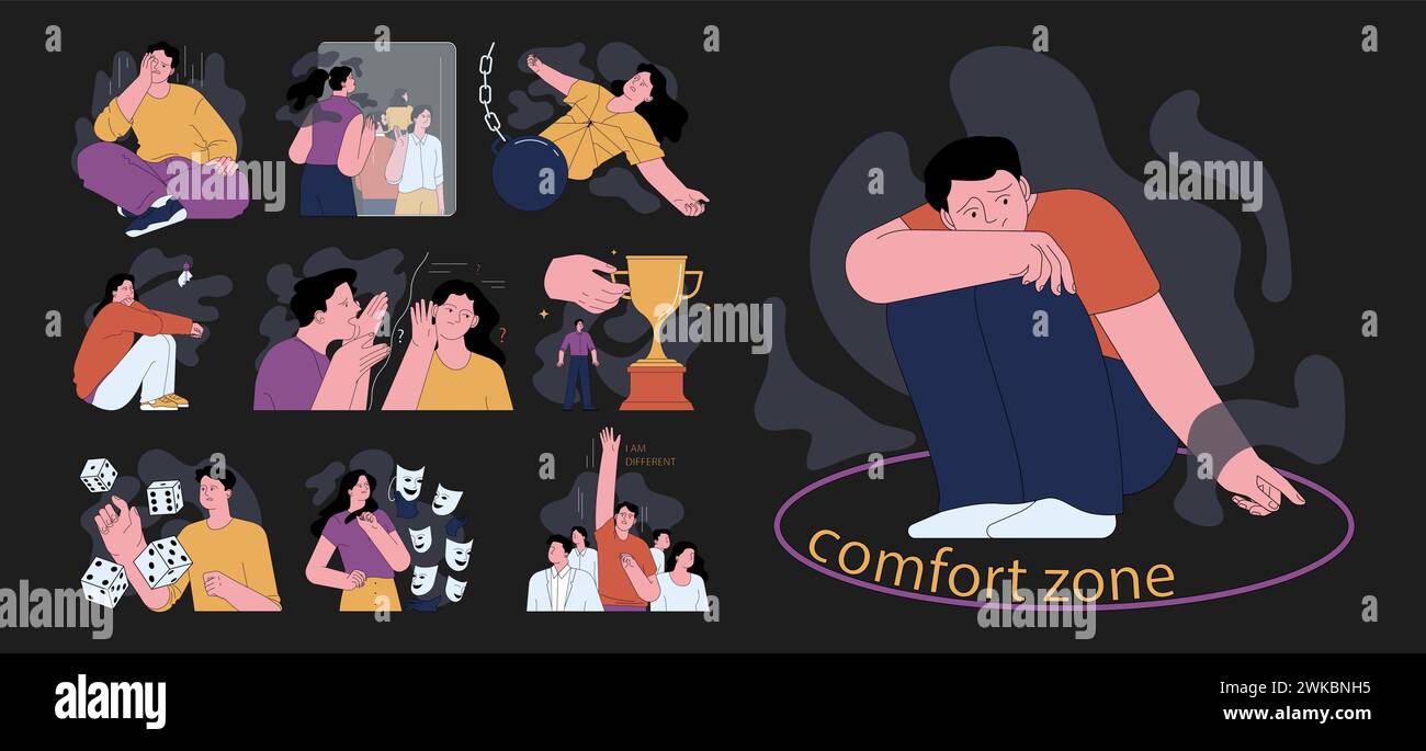 Human fears dark or night mode set. Scared characters confronting ...