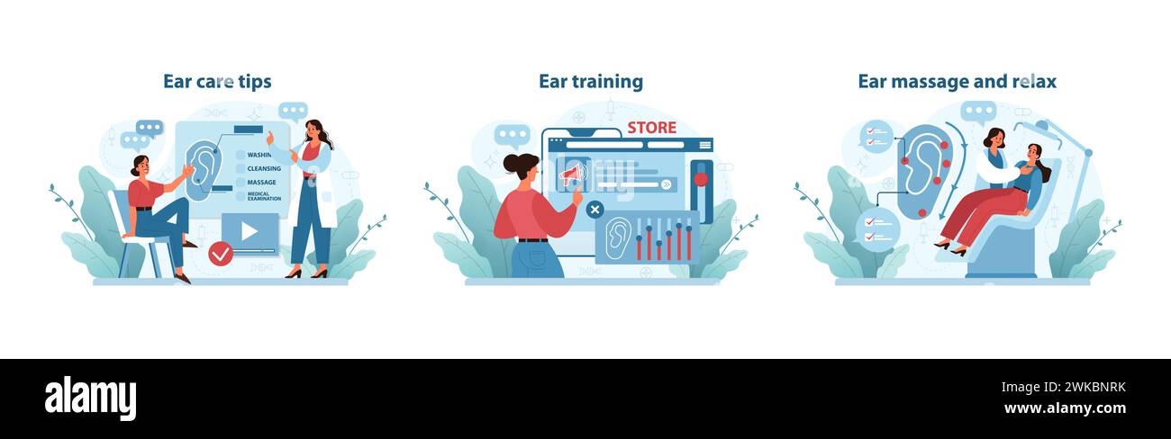 Auditory Health Practices Set. Detailed vector illustrations showing ...