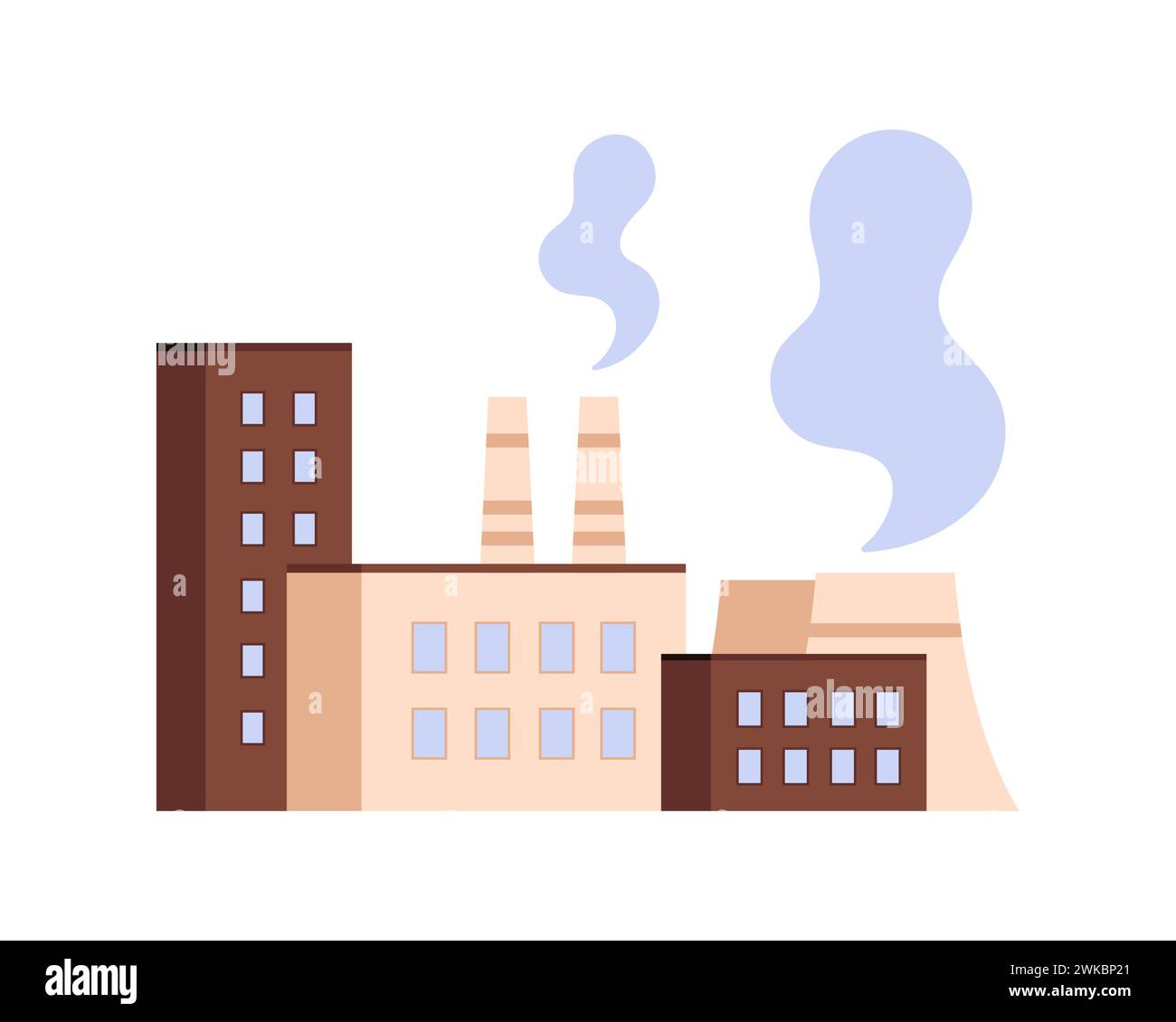 Factory buildings, plant towers with smoke pollution from chimney ...