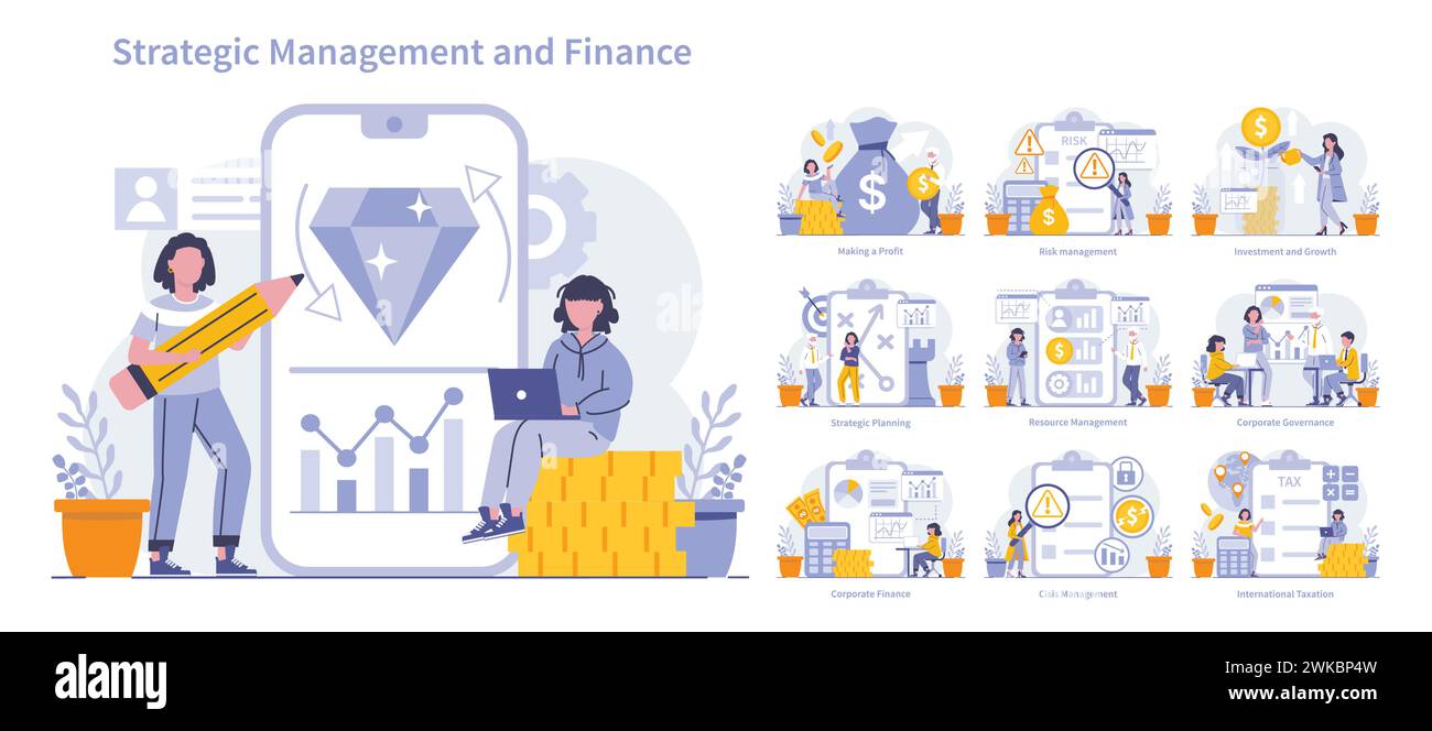 Strategic Management and Finance set. Diverse business scenarios ...