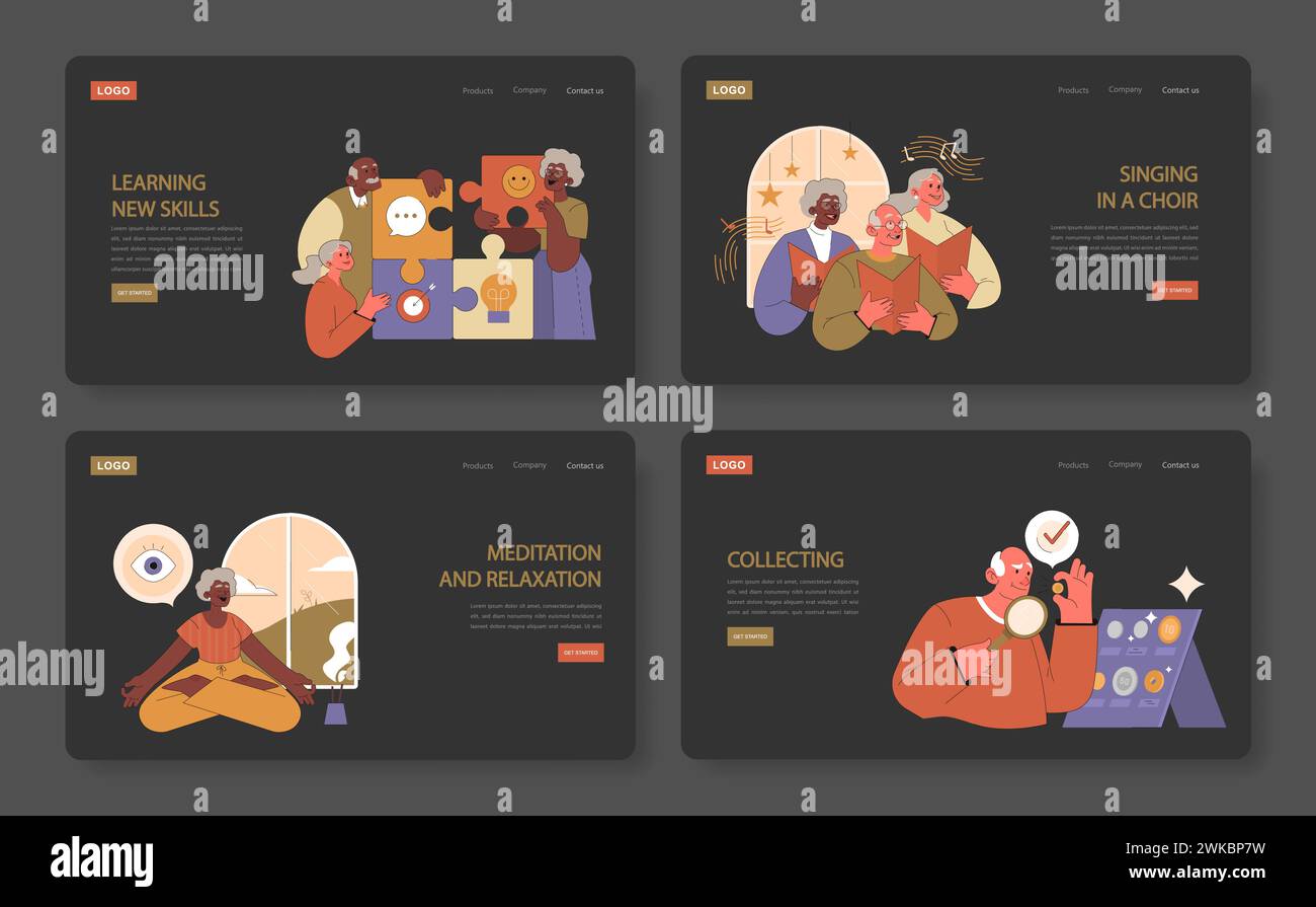 Retirees' Activities set. Web banners depicting seniors in diverse ...