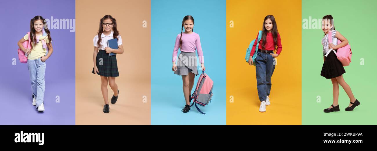 Schoolgirls on color backgrounds, set of photos Stock Photo - Alamy