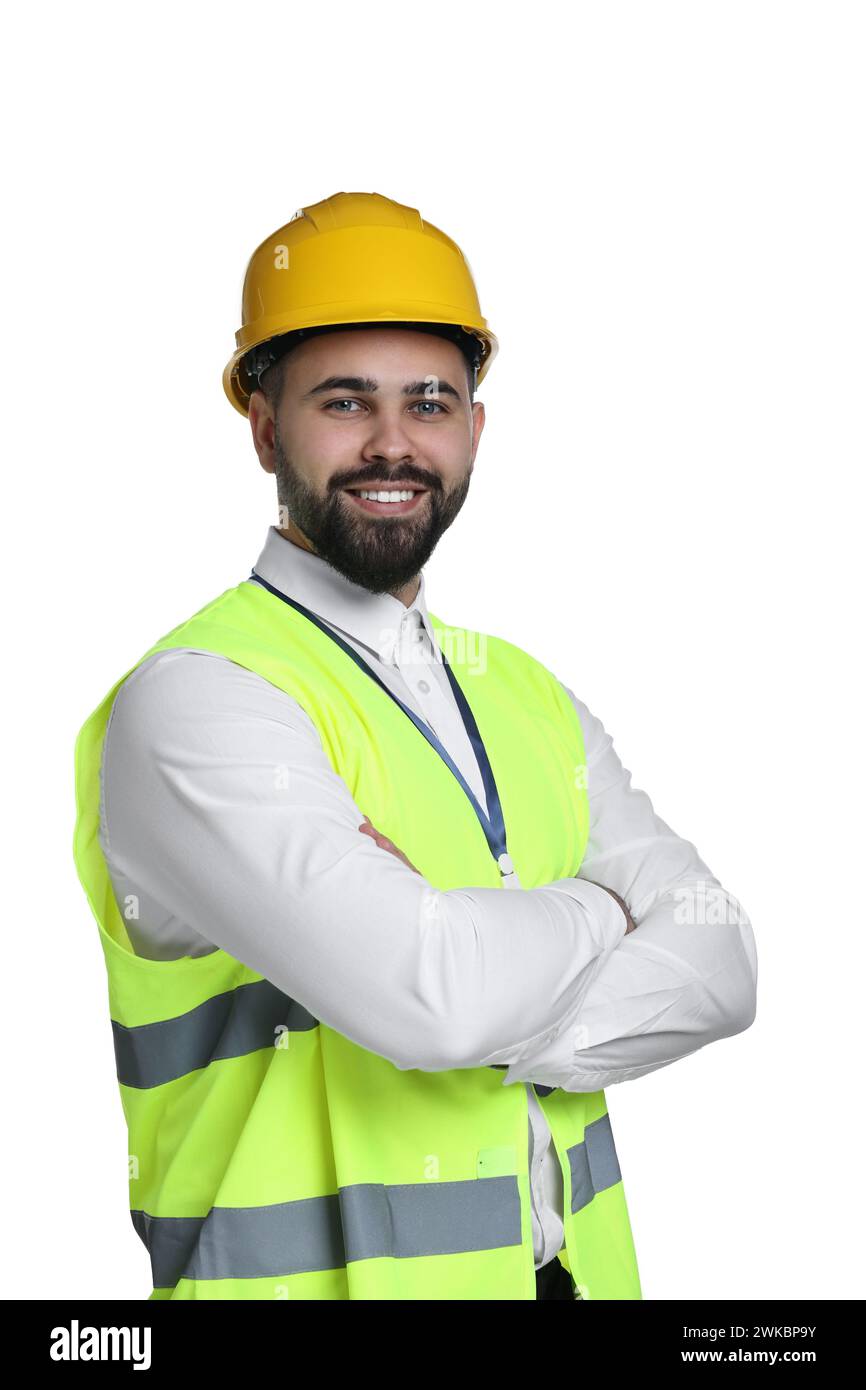 Engineer in hard hat on white background Stock Photo - Alamy