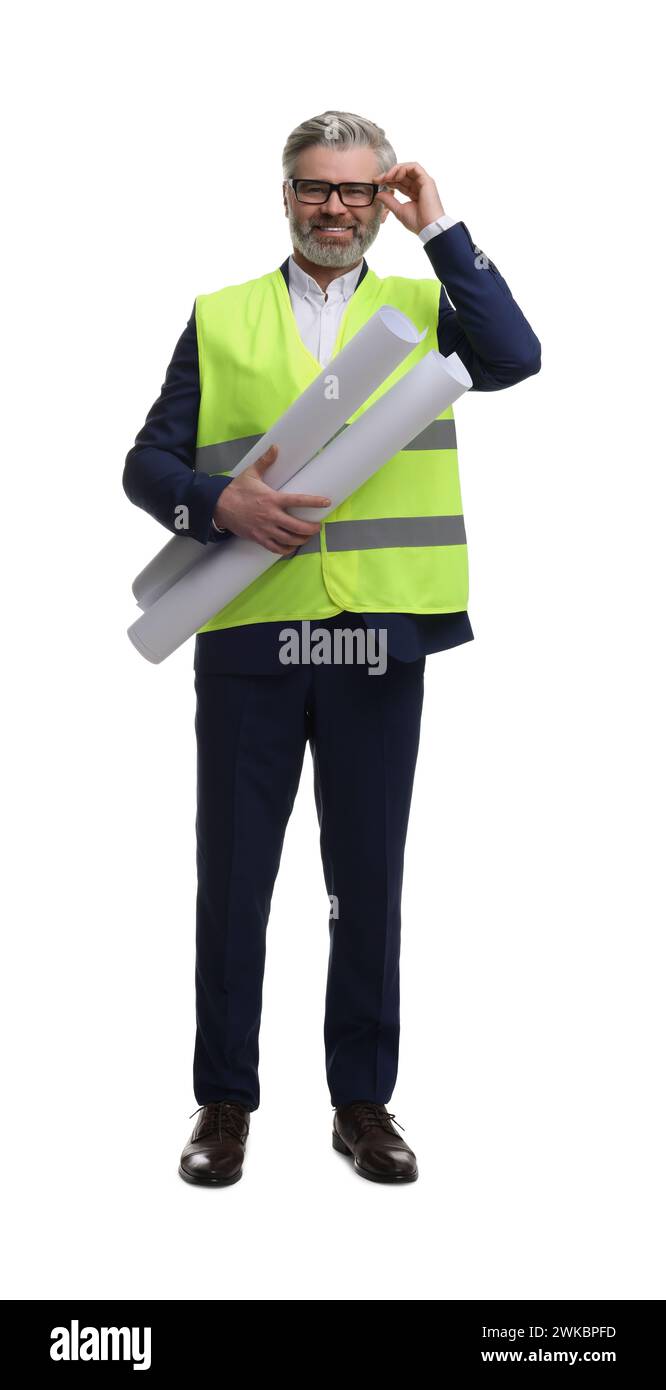 Architect in glasses holding drafts on white background Stock Photo - Alamy