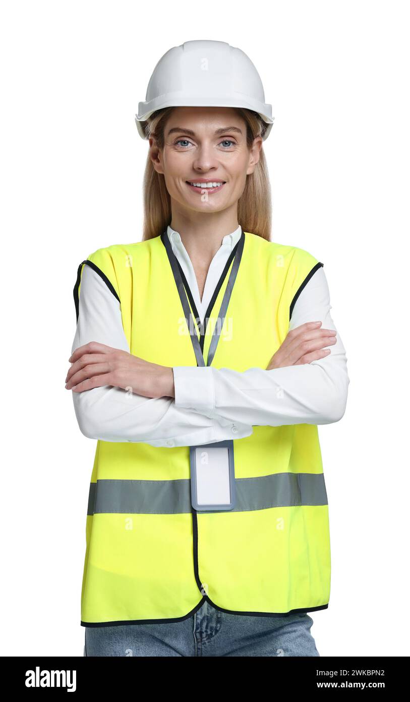 Engineer with hard hat and badge on white background Stock Photo - Alamy