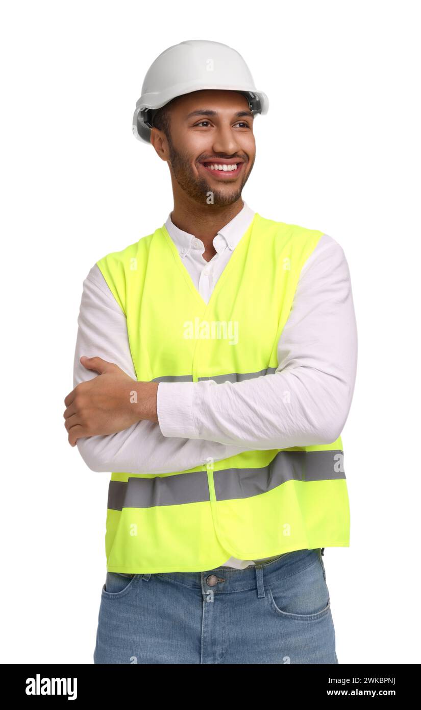 Engineer in hard hat on white background Stock Photo - Alamy
