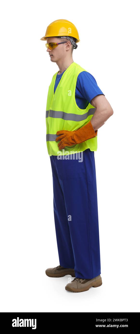 Young man wearing safety equipment on white background Stock Photo - Alamy