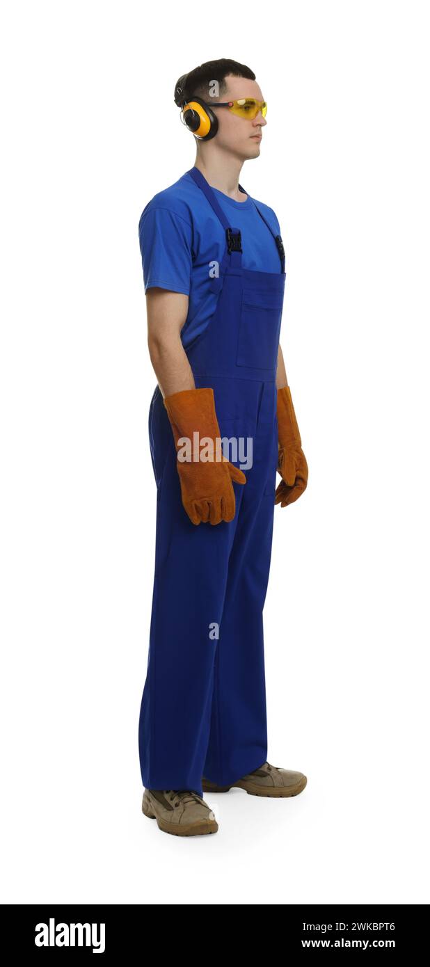 Young man wearing safety equipment on white background Stock Photo - Alamy