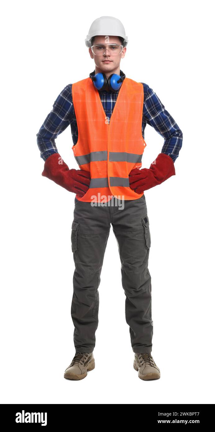 Young man wearing safety equipment on white background Stock Photo - Alamy