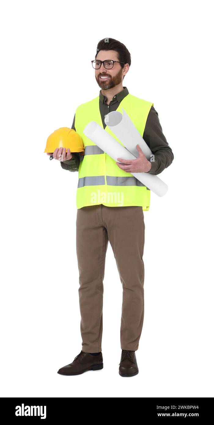 Architect with drafts and hard hat on white background Stock Photo - Alamy