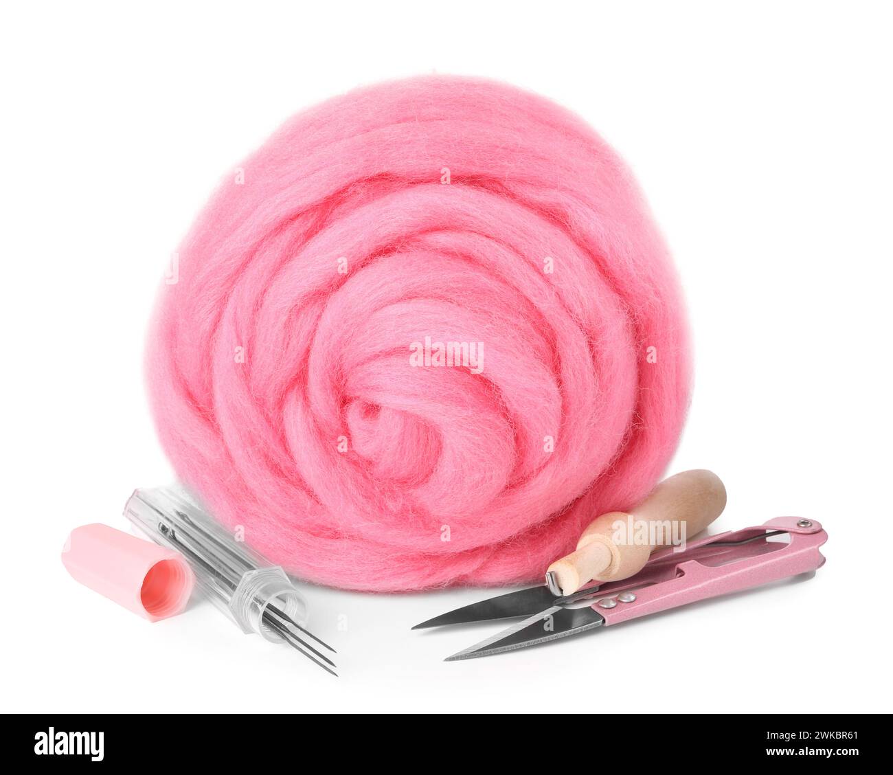 Pink felting wool, needles and scissors isolated on white Stock Photo ...