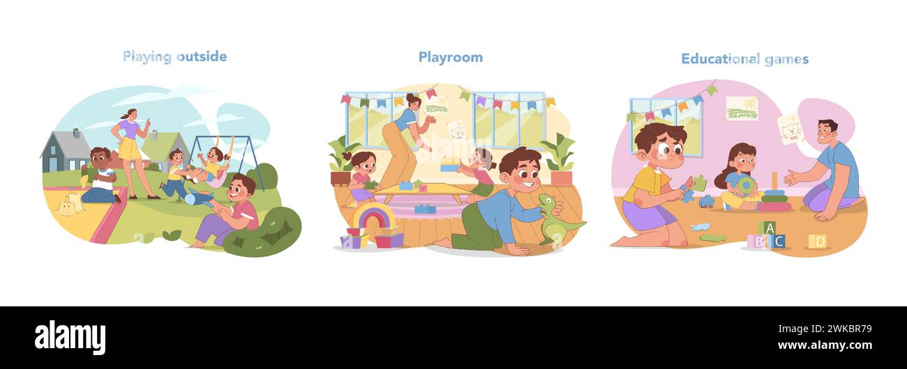 Kindergarten activities set. Outdoor play, creative playroom, and ...