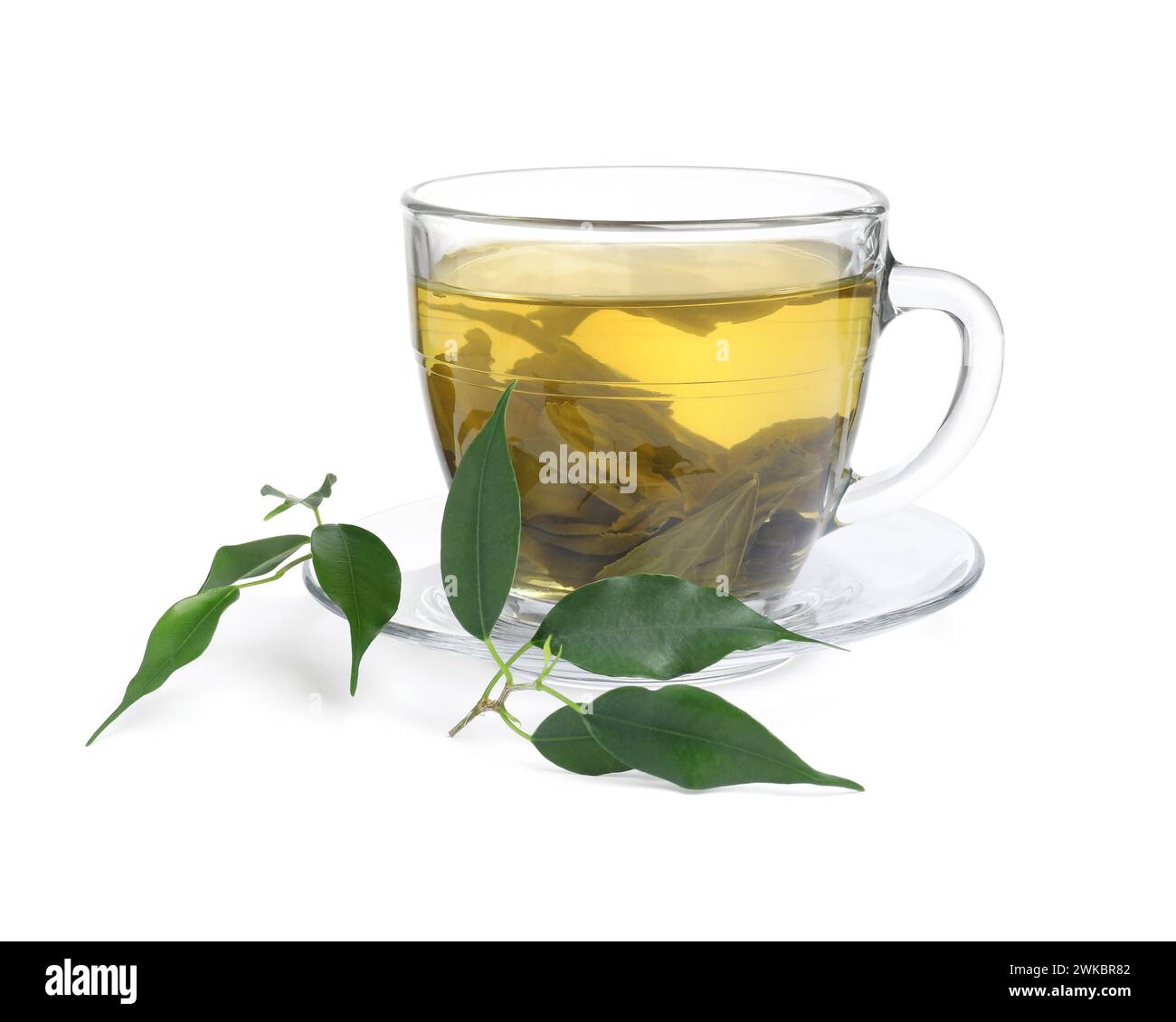 Fresh green tea in glass cup, leaves and saucer isolated on white Stock ...