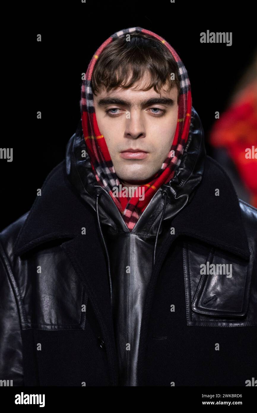 Lennon Gallagher wears a creation for the Burberry Winter 2024 fashion ...