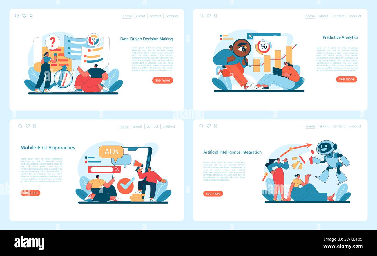 Tech Innovations set. Empowering data-driven decisions, forecasting trends, prioritizing mobile ...