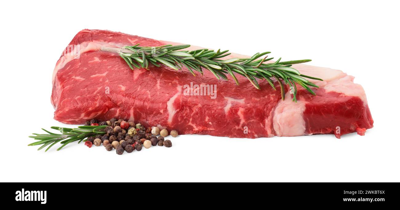 Piece of raw beef meat, rosemary and spices isolated on white Stock ...