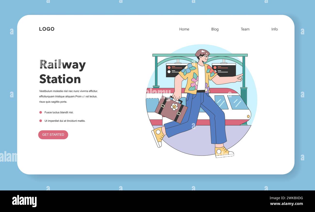 Train trip web banner or landing page. Characters traveling by train ...