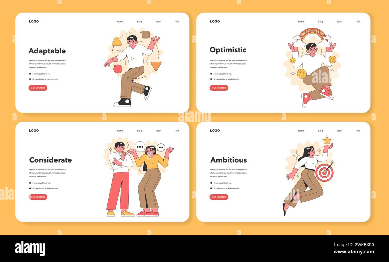 A website layout with lively vector illustrations depicting positive ...
