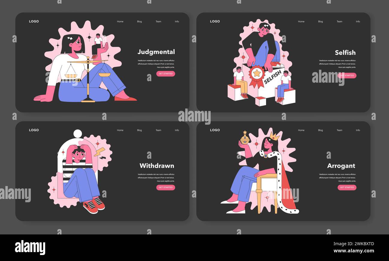 Web banner series displaying Negative Personality Traits. Figures depicting judgmental, selfish ...