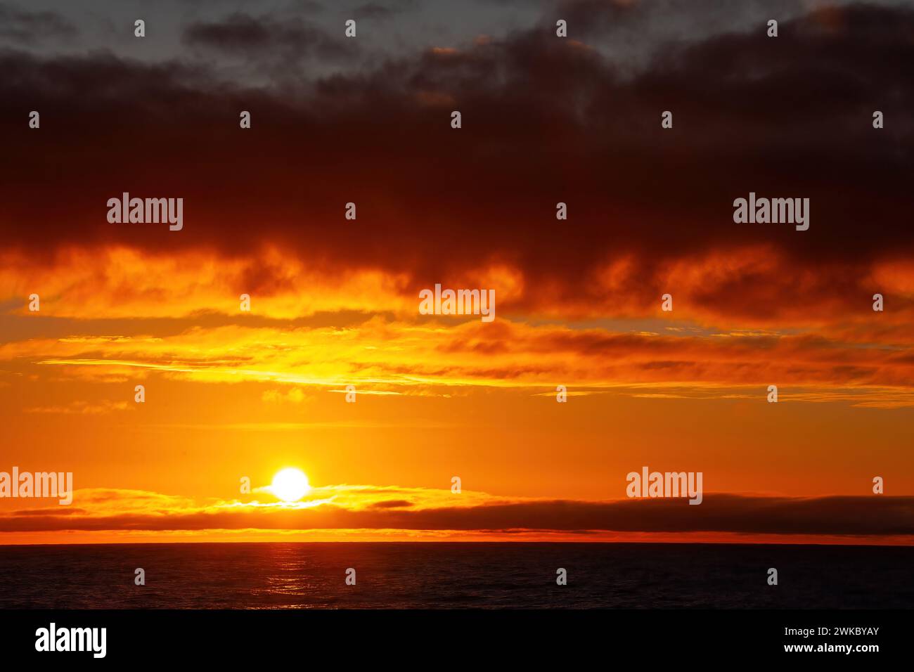 Sunset over an unusually calm Drake Passage, the ocean strait beween ...