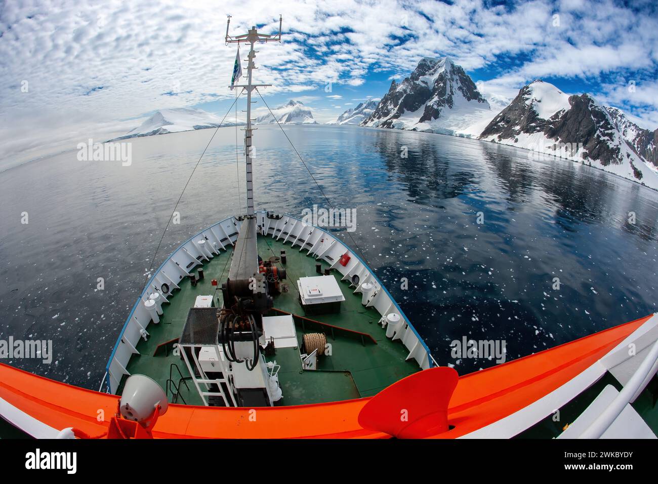 Fisheye lens view from the observation deck of a Polar cruise ship off ...