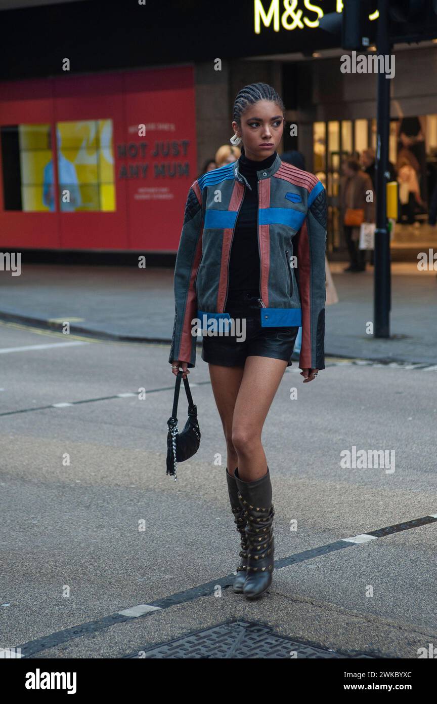 London, UK. 19th Feb, 2024. Model Iris wears Mumbaa, London Fashion ...