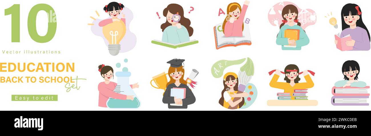 Education concept illustrations. Set of people vector illustrations in various activities of ...