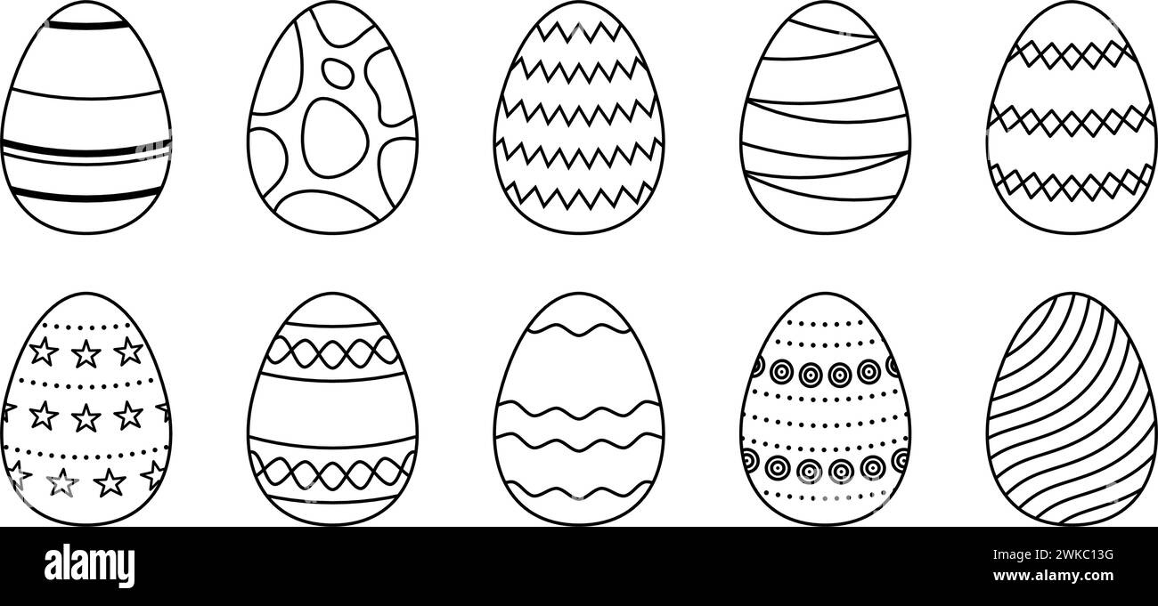 Black and white Easter eggs set. Spring linear egg icons with different ...