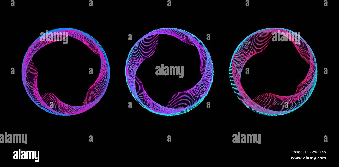Neon iridescent gradient dotted circle set. Colorful glowing round tech ...