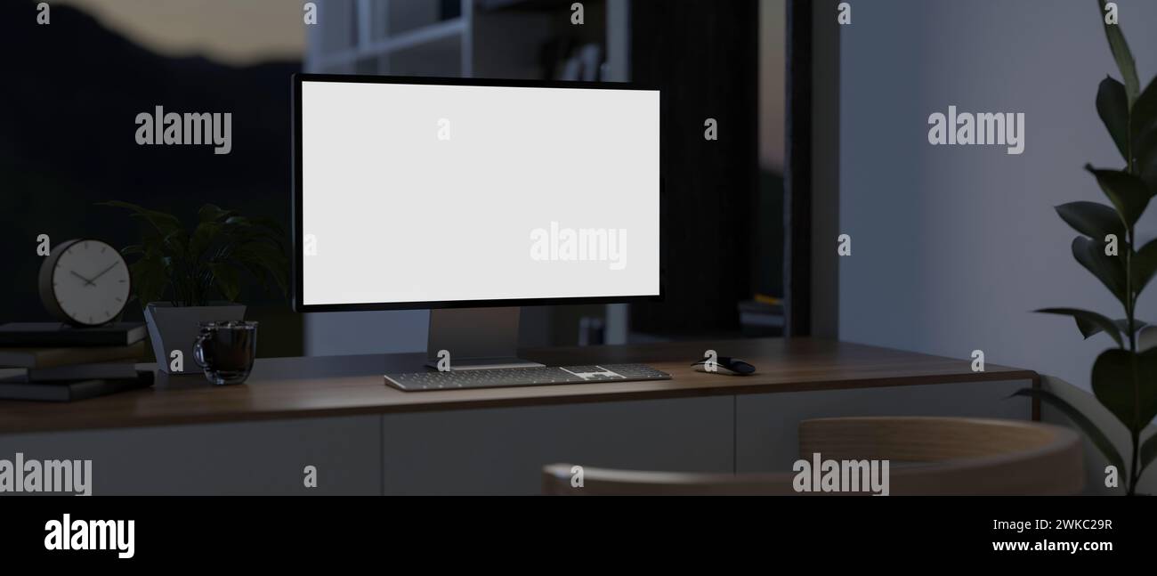 A modern dark home office at night with a white-screen PC computer ...