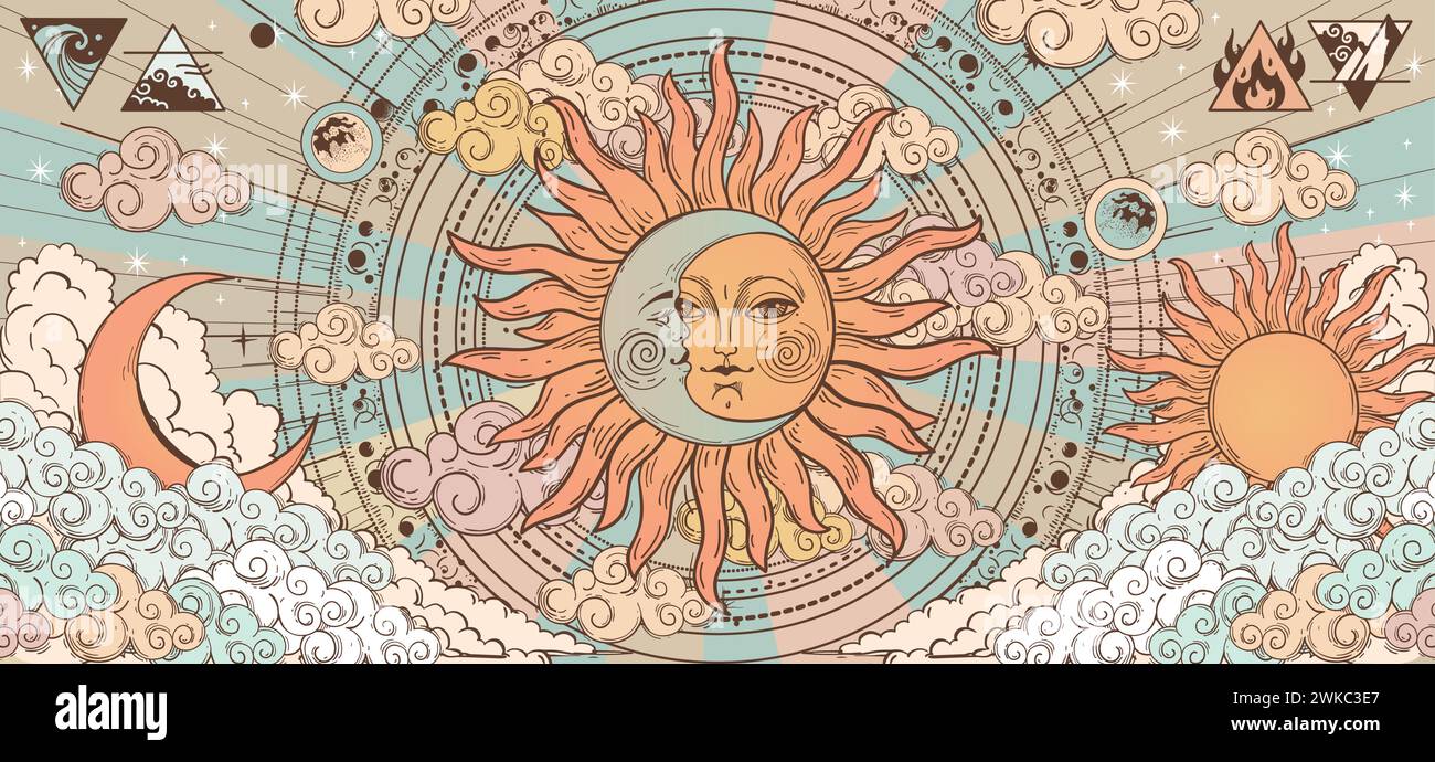 Sun and moon with face, color vintage mystical astrology poster of the ...