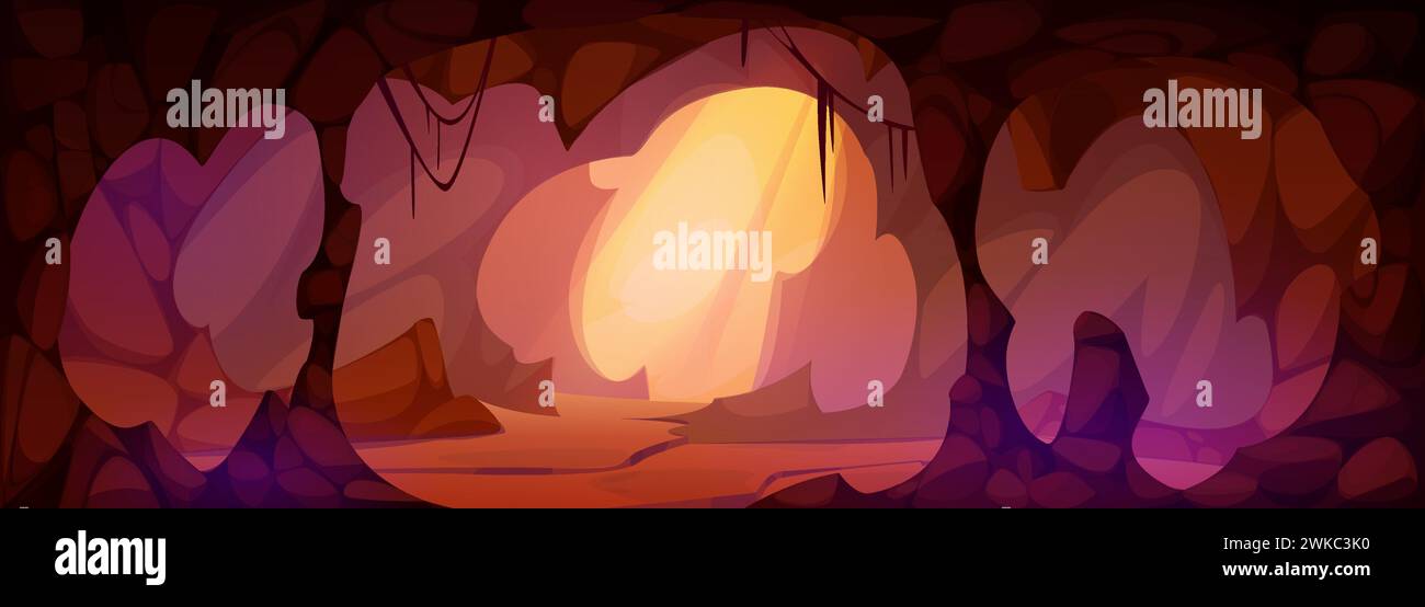 Prehistoric cave with stone walls. Game mysterious mine dungeon or ...