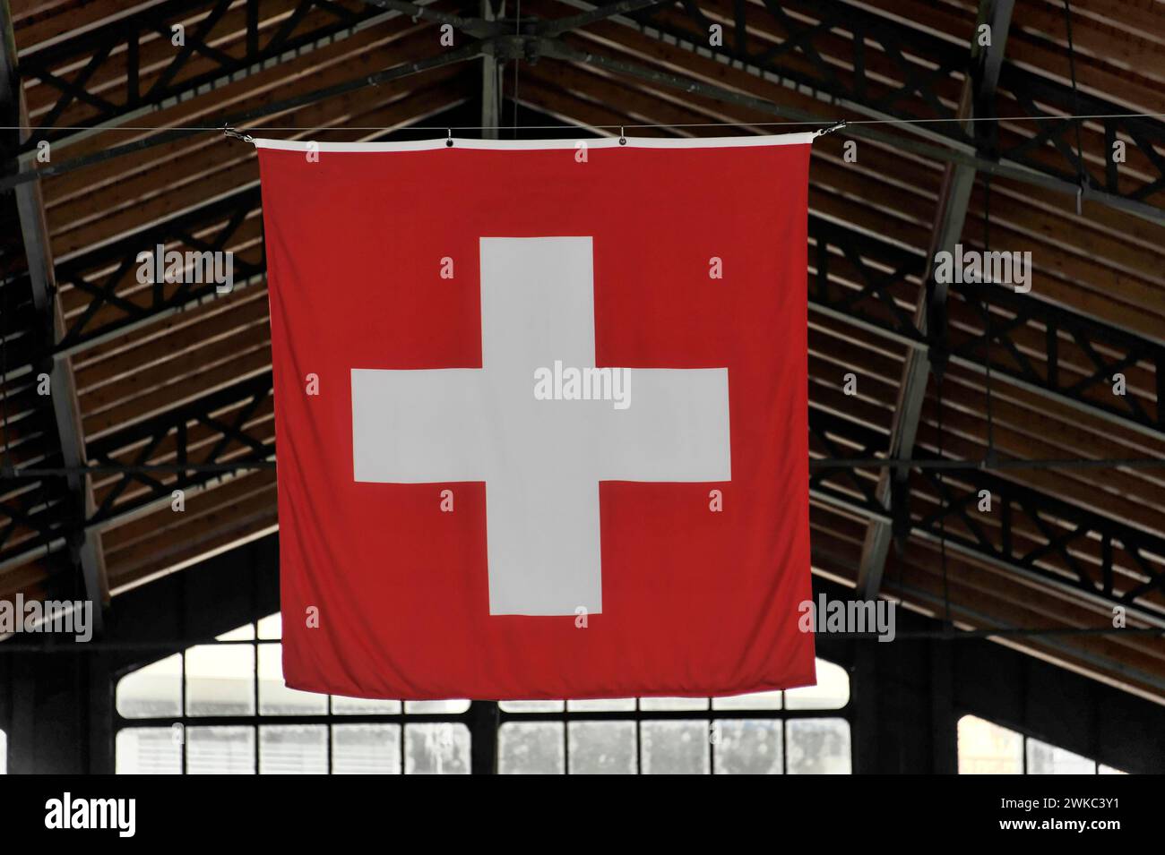 Swiss flag, Lake Geneva, Montreux, Canton of Vaud, Switzerland Stock ...