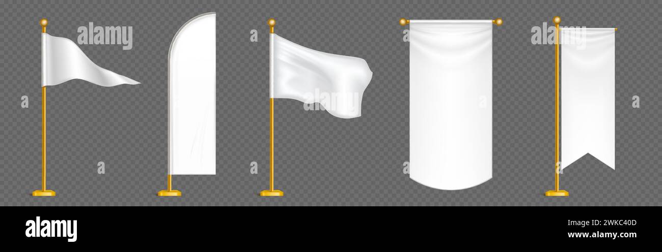 Set of white silk flags on golden poles isolated on transparent ...